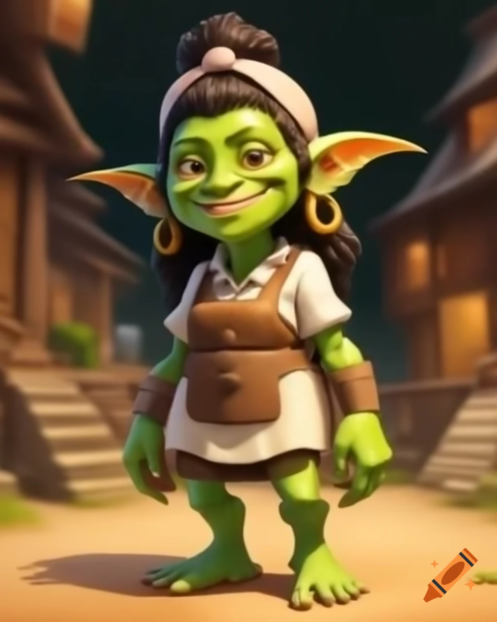 Cheerful green-skinned goblin woman in dress and apron striking pose in ...