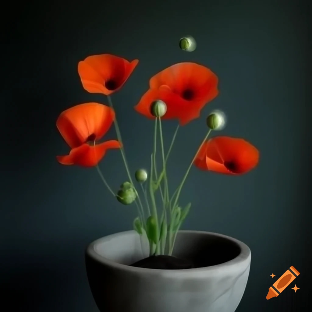 Glowing poppy flowers in gray stone planter against vintage crumbling ...