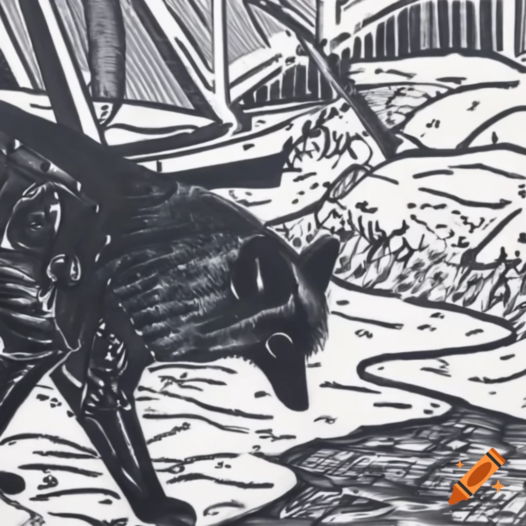 Woodcut of sharp-eyed fox with bushy tail in snow-laden forest, black ...