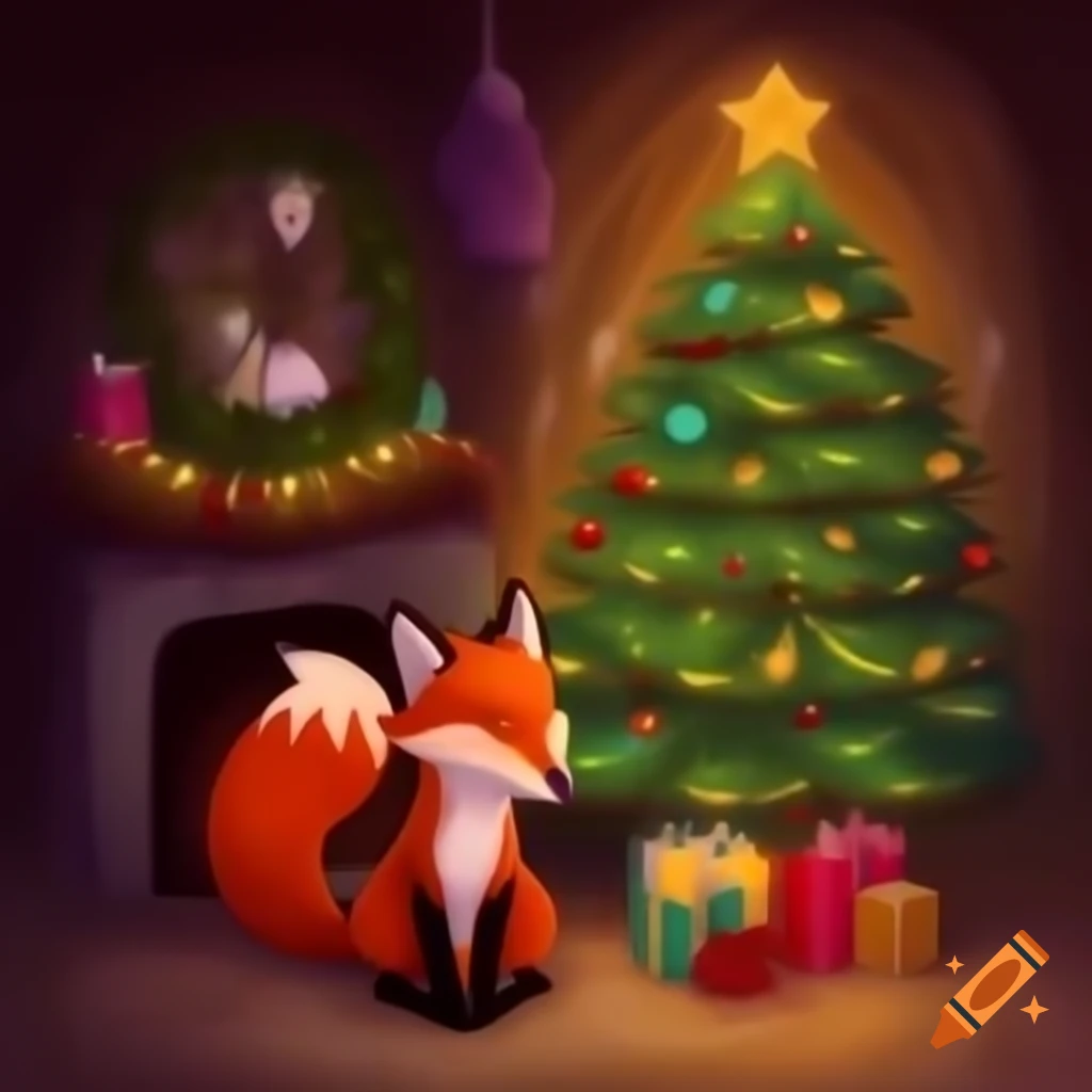 Cute fox sitting in front of Christmas tree in a fantasy setting on Craiyon