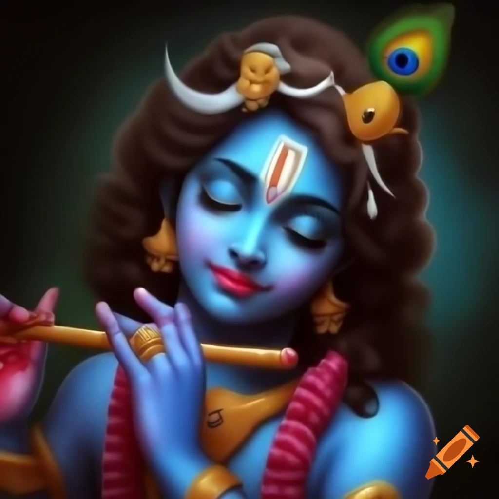 Mystical portrait of figure inspired by Lord Krishna with blue skin and ...