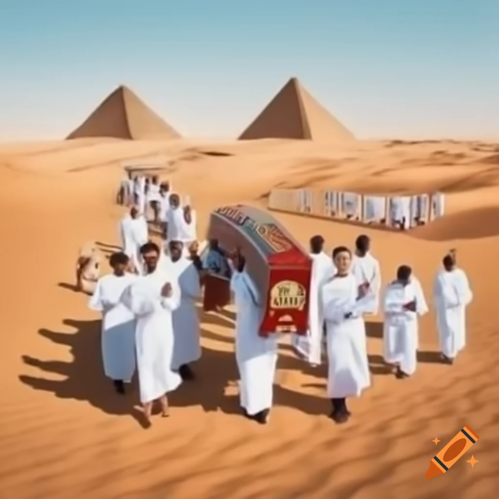 Solemn funeral procession in desert with priests and ornately decorated ...
