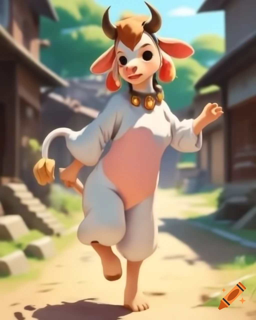 Anime young woman dressed as cow with bell collar striking pose in ...