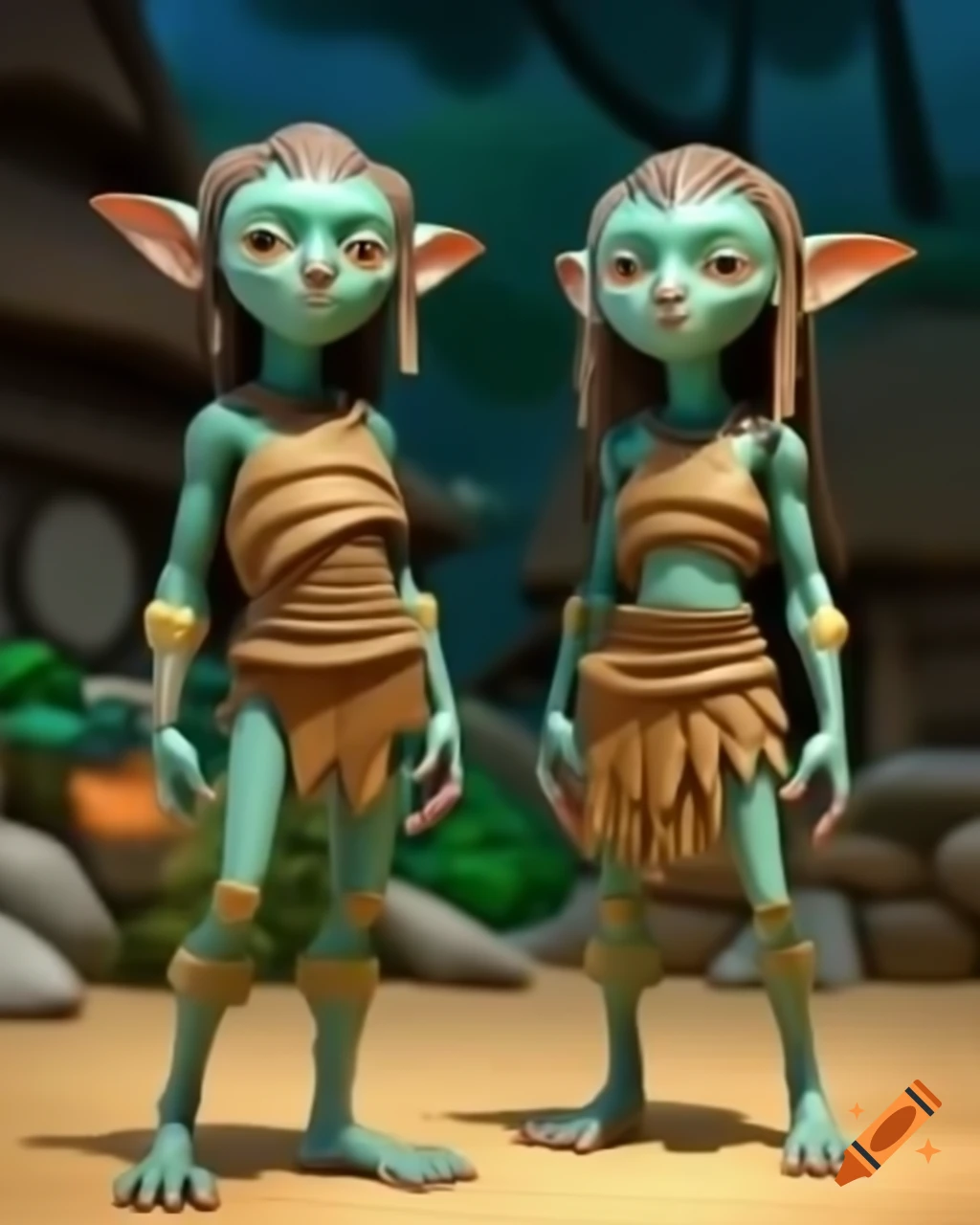 Two young green-skinned goblins in wizard outfits posing in village on ...