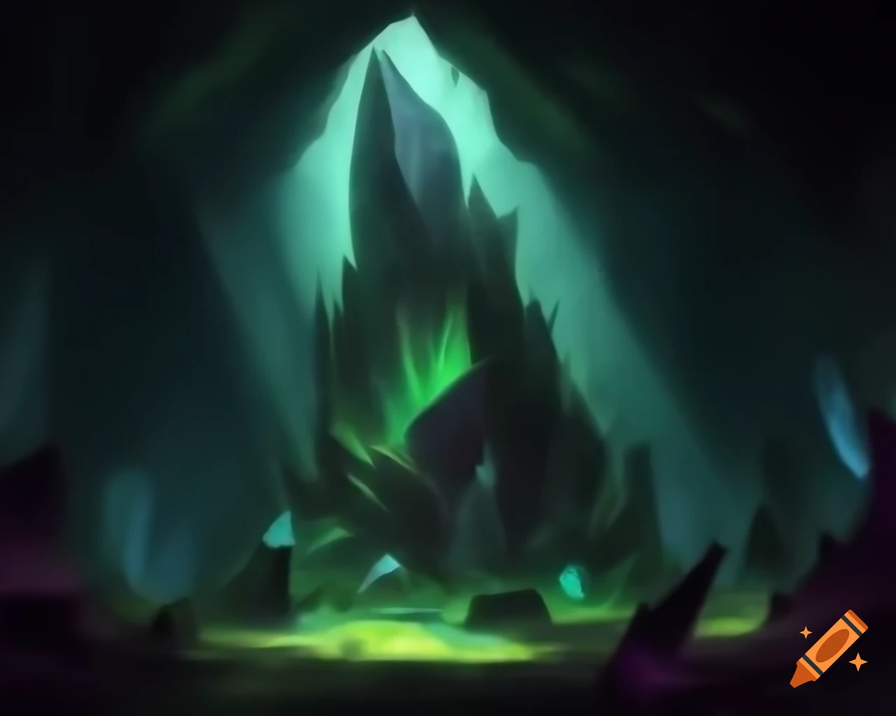 Towering crystal pulsing with green light in shadowy cavern on Craiyon