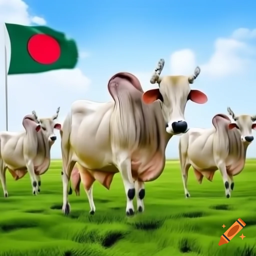 Brahman cattle grazing in green field with Bangladesh national flag on ...