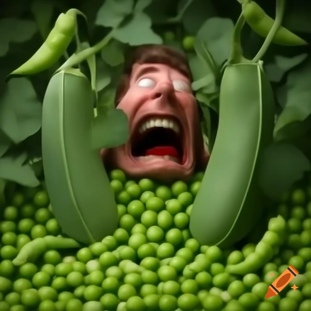 Humorous meme featuring a man choking on peas on Craiyon