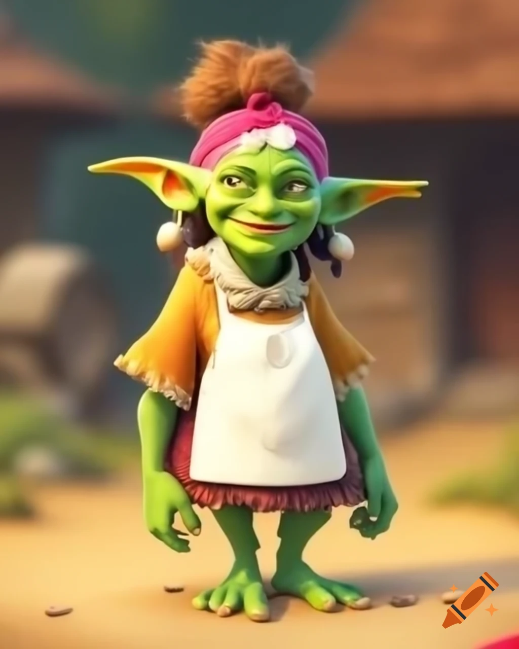Cheerful green-skinned goblin woman in colorful dress striking ...