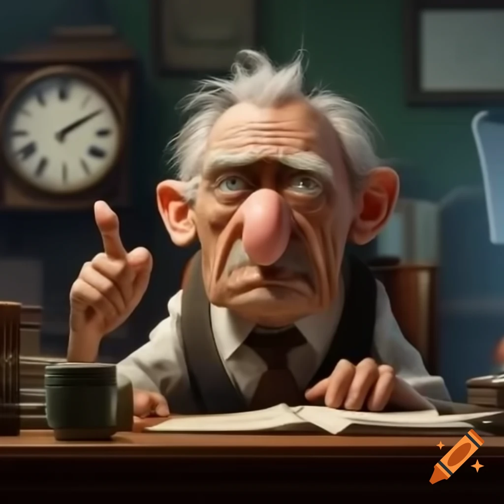 Grumpy old man with grey hair pointing at clock showing 10:03 am on Craiyon