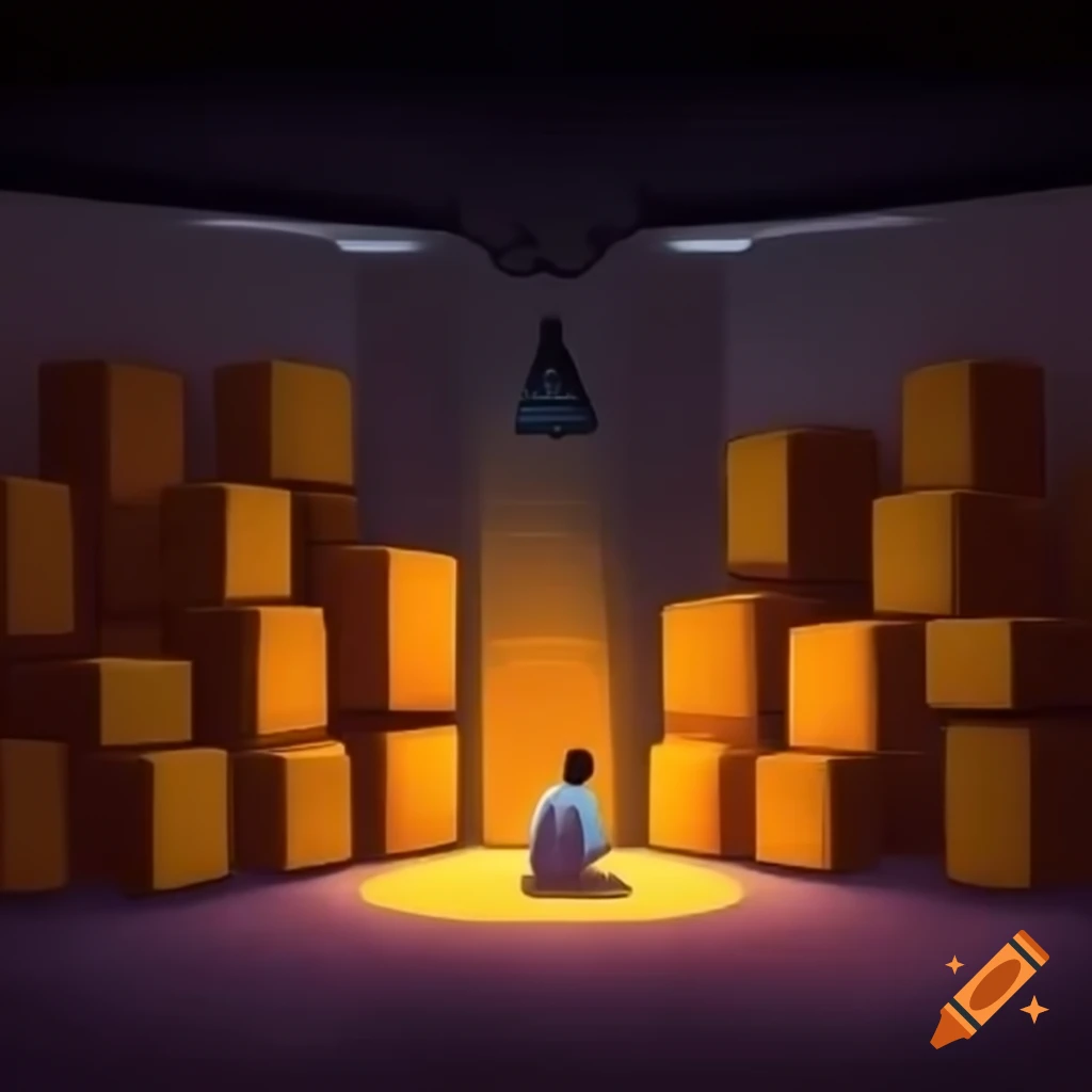 Person sitting in spotlight in a room filled with boxes on Craiyon