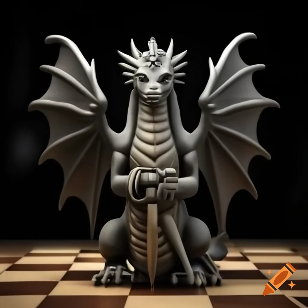 Detailed humanoid dragon chess piece made of gray clay, holding a sword ...