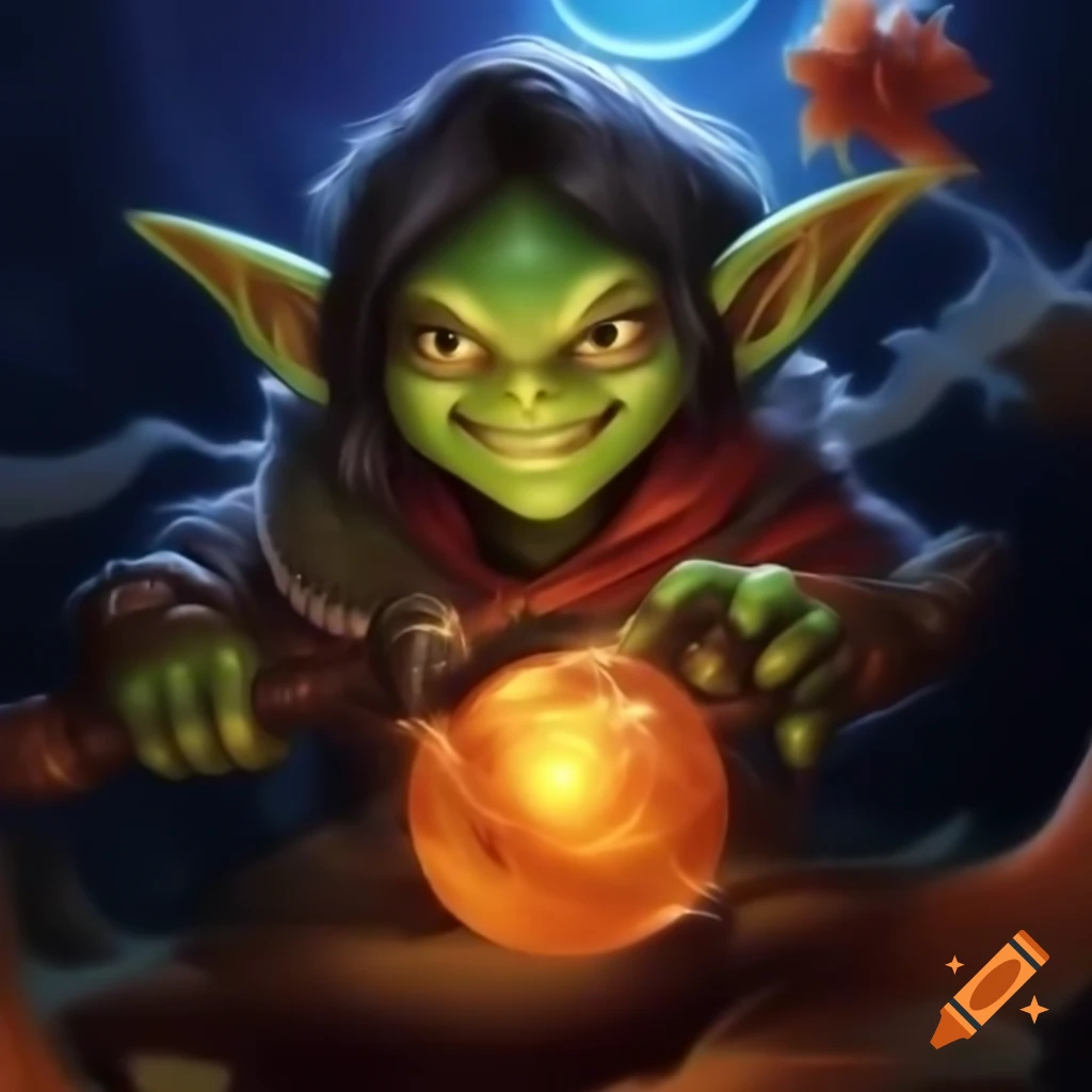 Mischievous goblin brewing potion under mystical moon on Craiyon