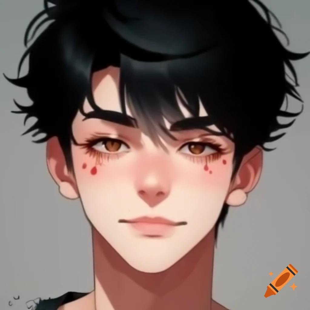 Anime character with black wavy hair, brown eyes, and freckles blushing ...