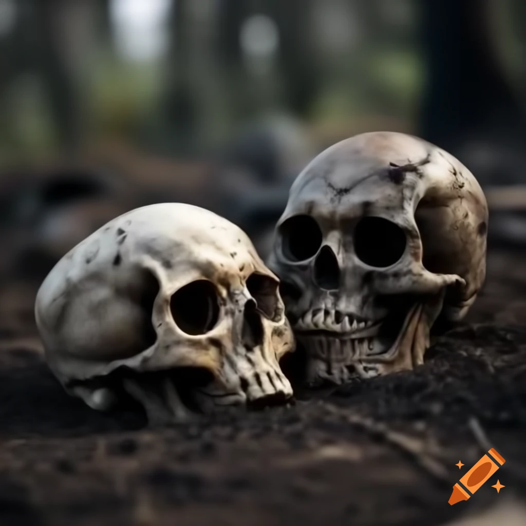 Post-apocalyptic landscape with skulls scattered on the ground on Craiyon