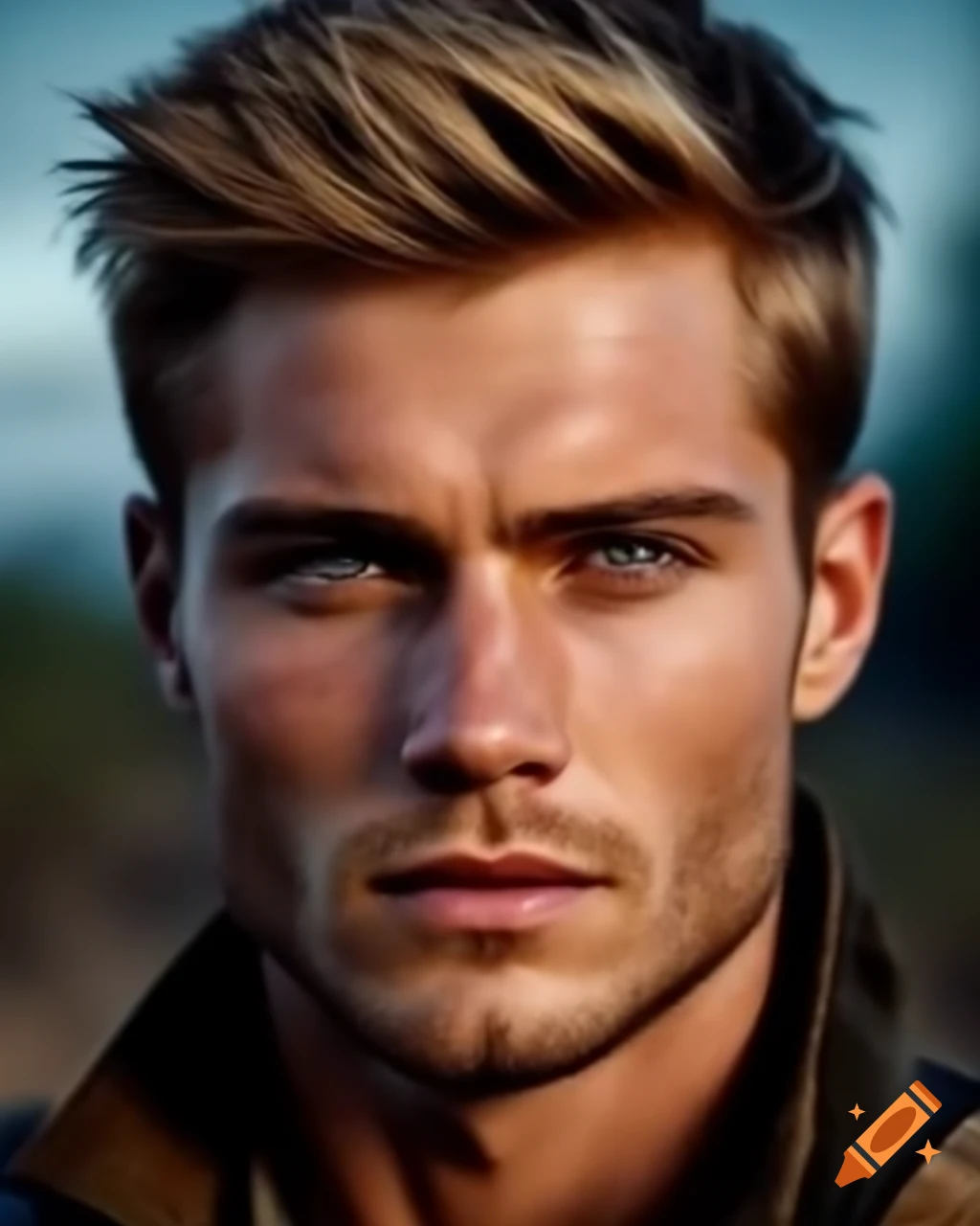 Portrait of a young handsome man with blond hair and rugged features on ...