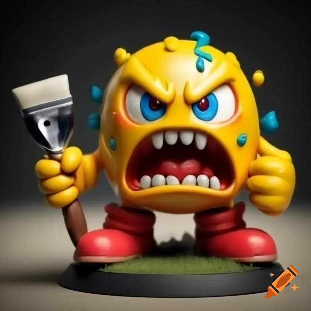 Realistic angry pac-man holding paint brush and miniature on Craiyon