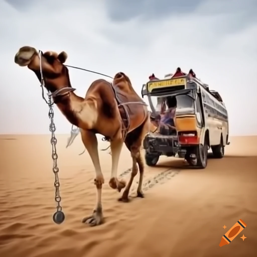 Camel pulling bus with chain in a desert setting on Craiyon