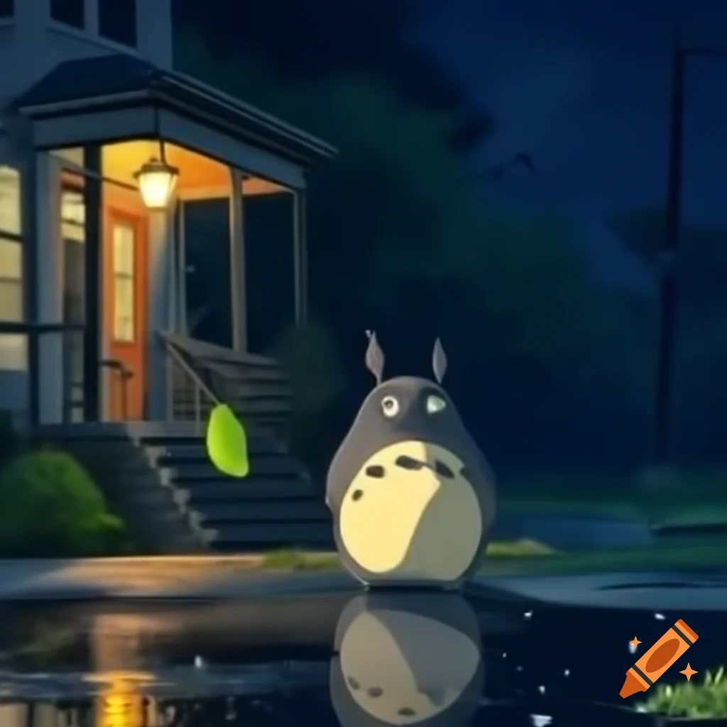 Totoro with leaf on head at night bus stop with stairs and creepy house ...