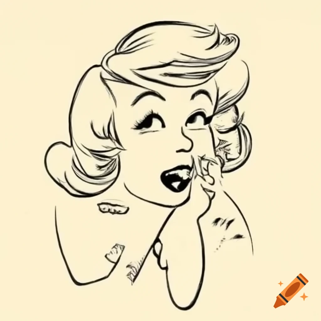 Vintage drawing of surprised cheerful woman from the early sixties on ...