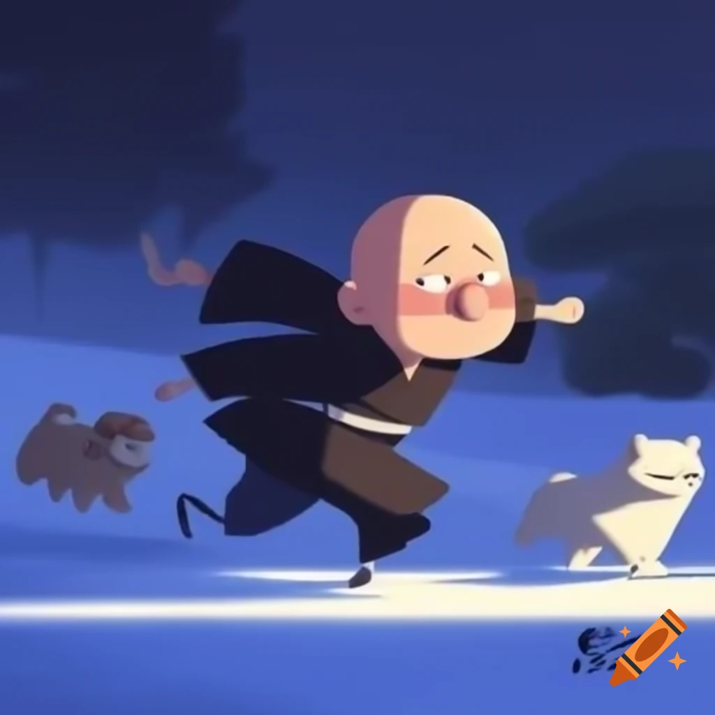 Bald man in white kimono running on snow-covered ramp with Maremma dogs ...