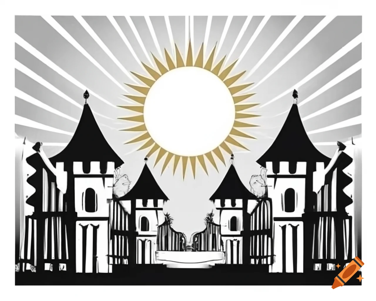 Ornate medieval palace landscape with sun in black and white linocut ...
