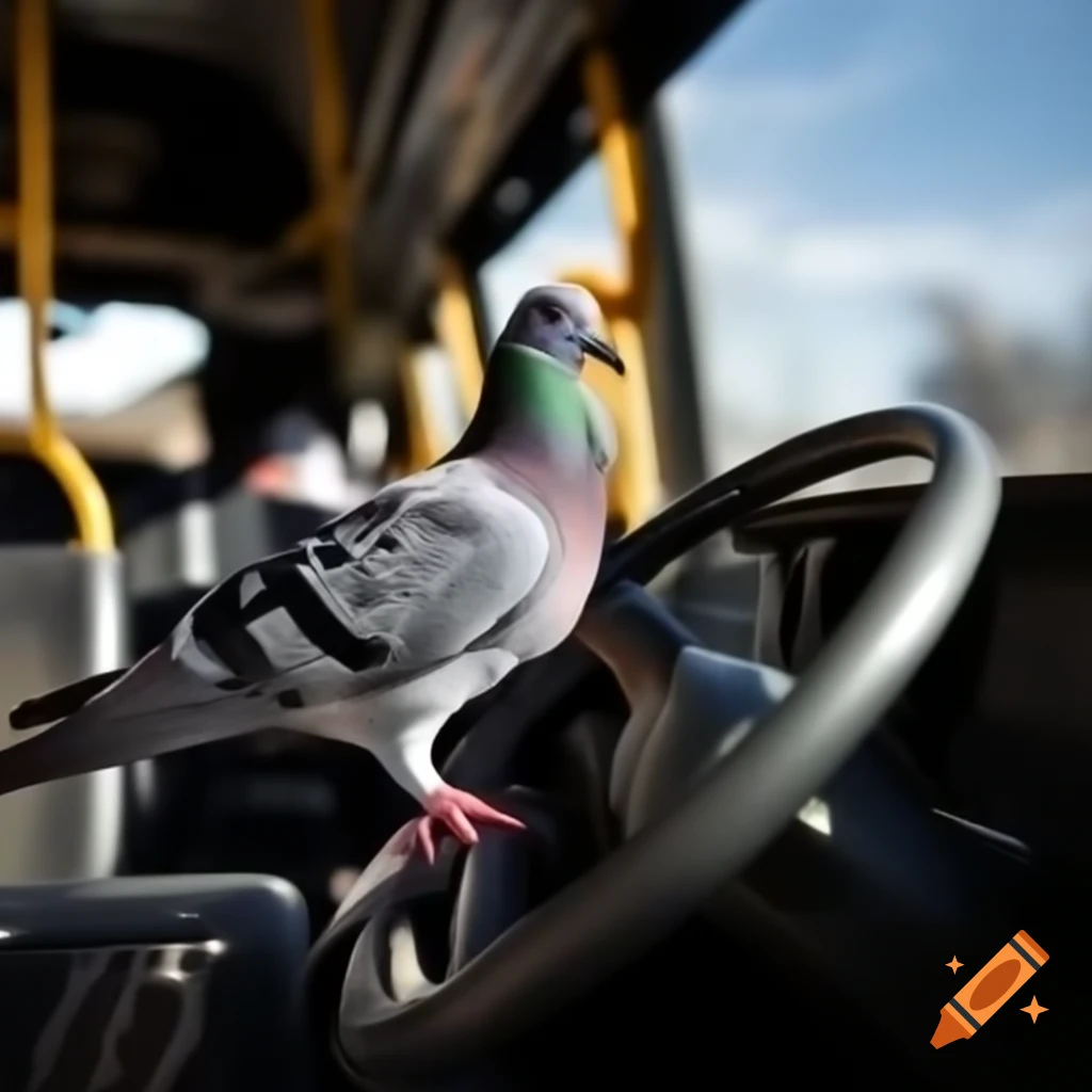 Pigeon driving a bus in a humorous scene on Craiyon