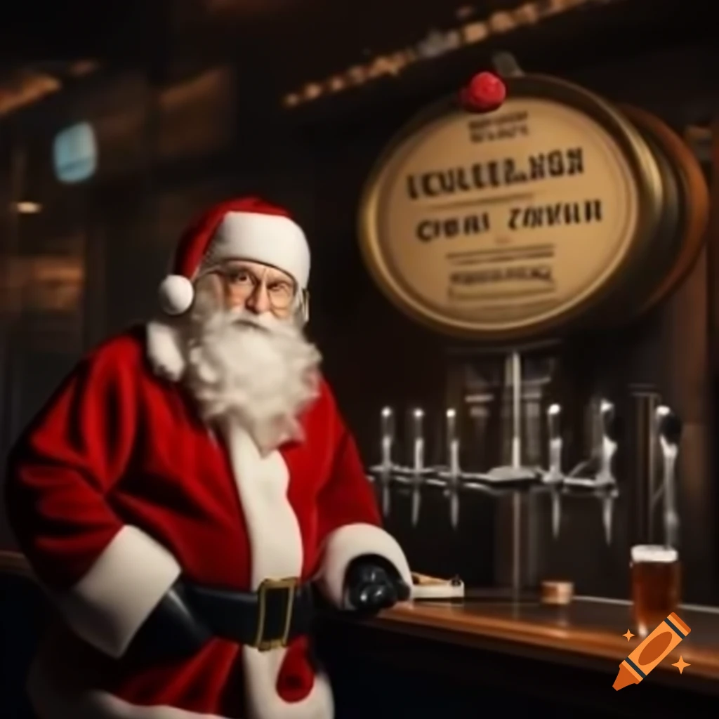 Santa beside sign for Cult Brewing Santa's Steam Ale On Tap on Craiyon
