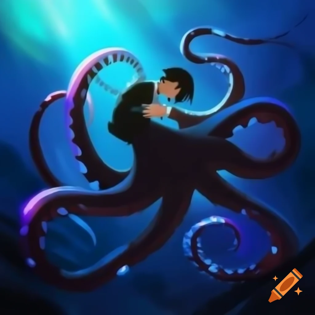 Anime-style half-man half-octopus in vibrant bioluminescent sea on Craiyon