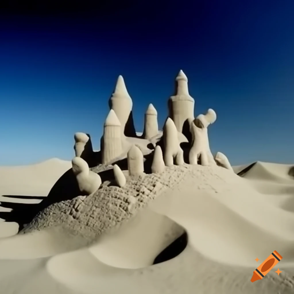 Detailed photograph of a sandcastle in sandy terrain on Craiyon