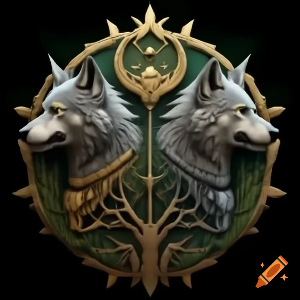Heraldic emblem featuring wolves and yggdrasil with ravens, inspired by ...