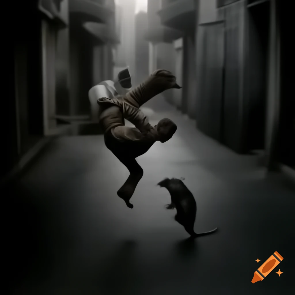 Homeless man playing guitar in alley with rat companionship, evocative ...