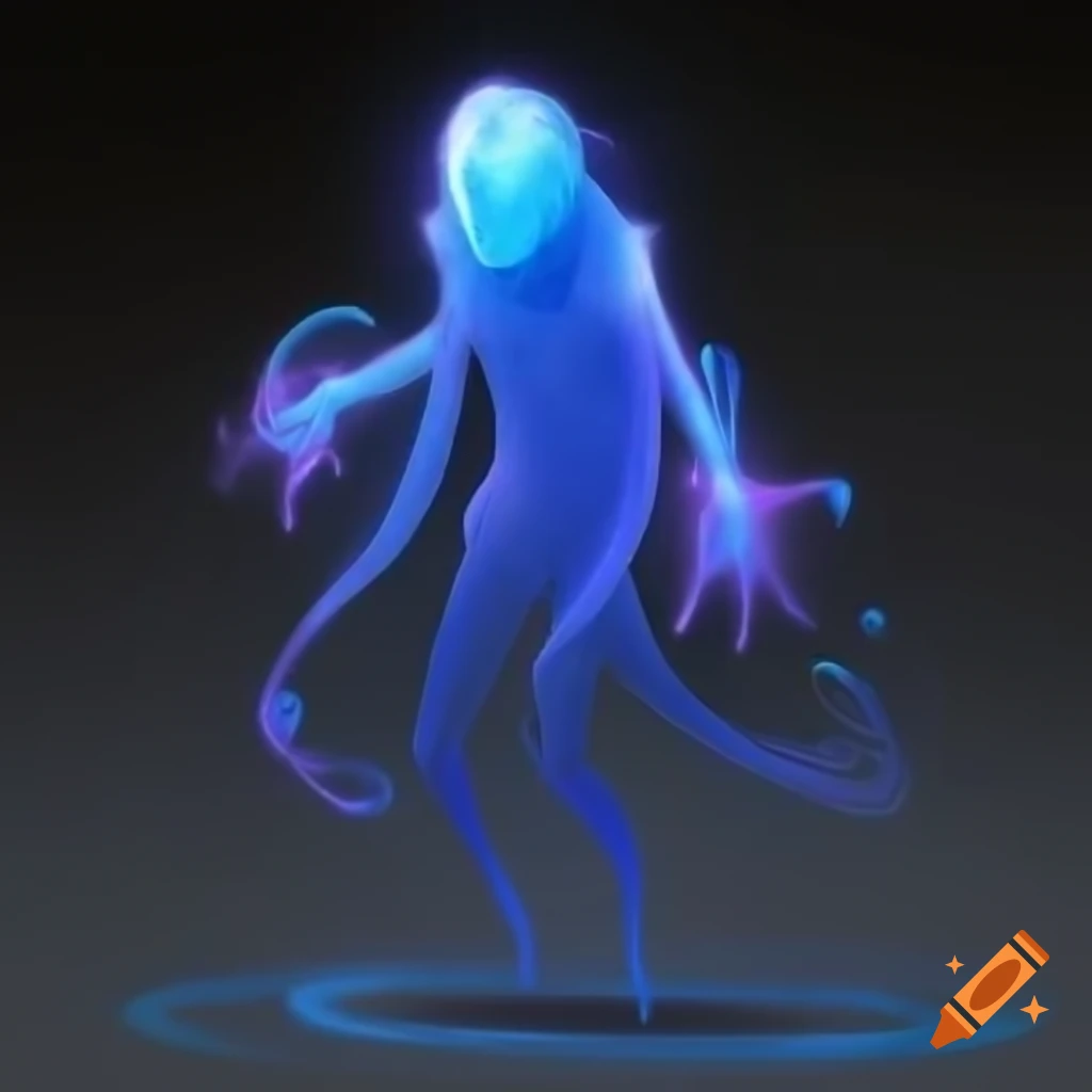 Humanoid plasmoid casting spell in mystical robes with blue and purple ...