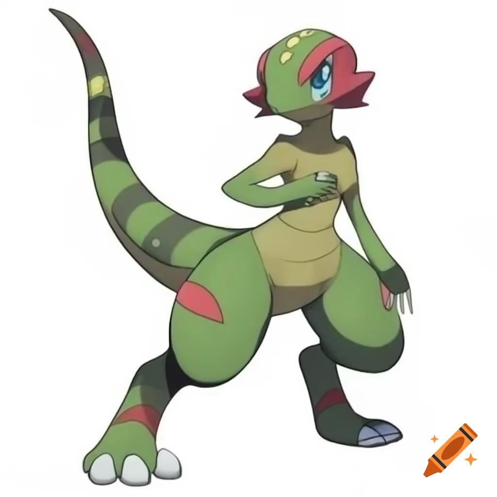 Humanoid lizard-like Pokémon character in armored design, Pokémon art ...