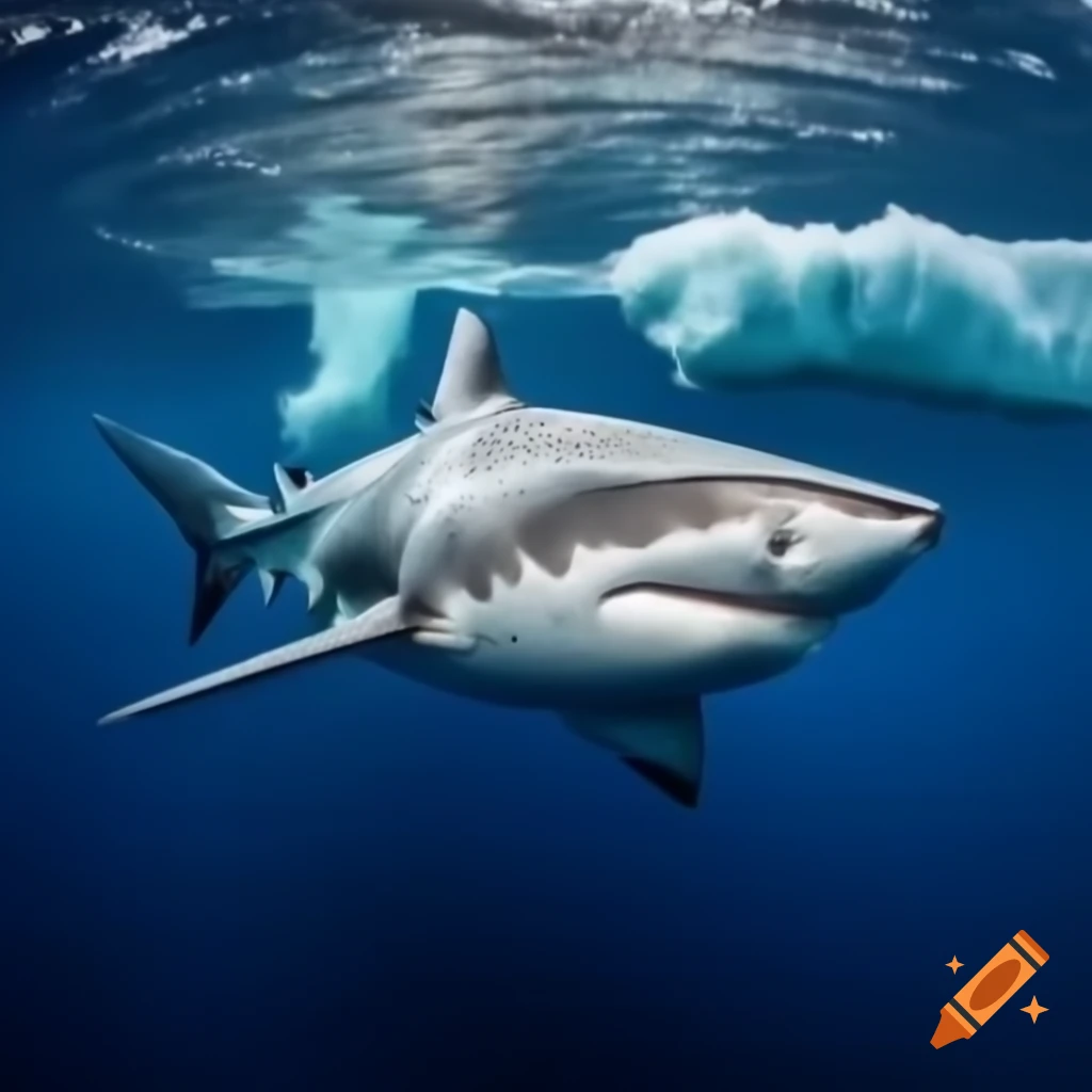 Ancient ice shark gliding through dark ocean depths with icebergs on ...