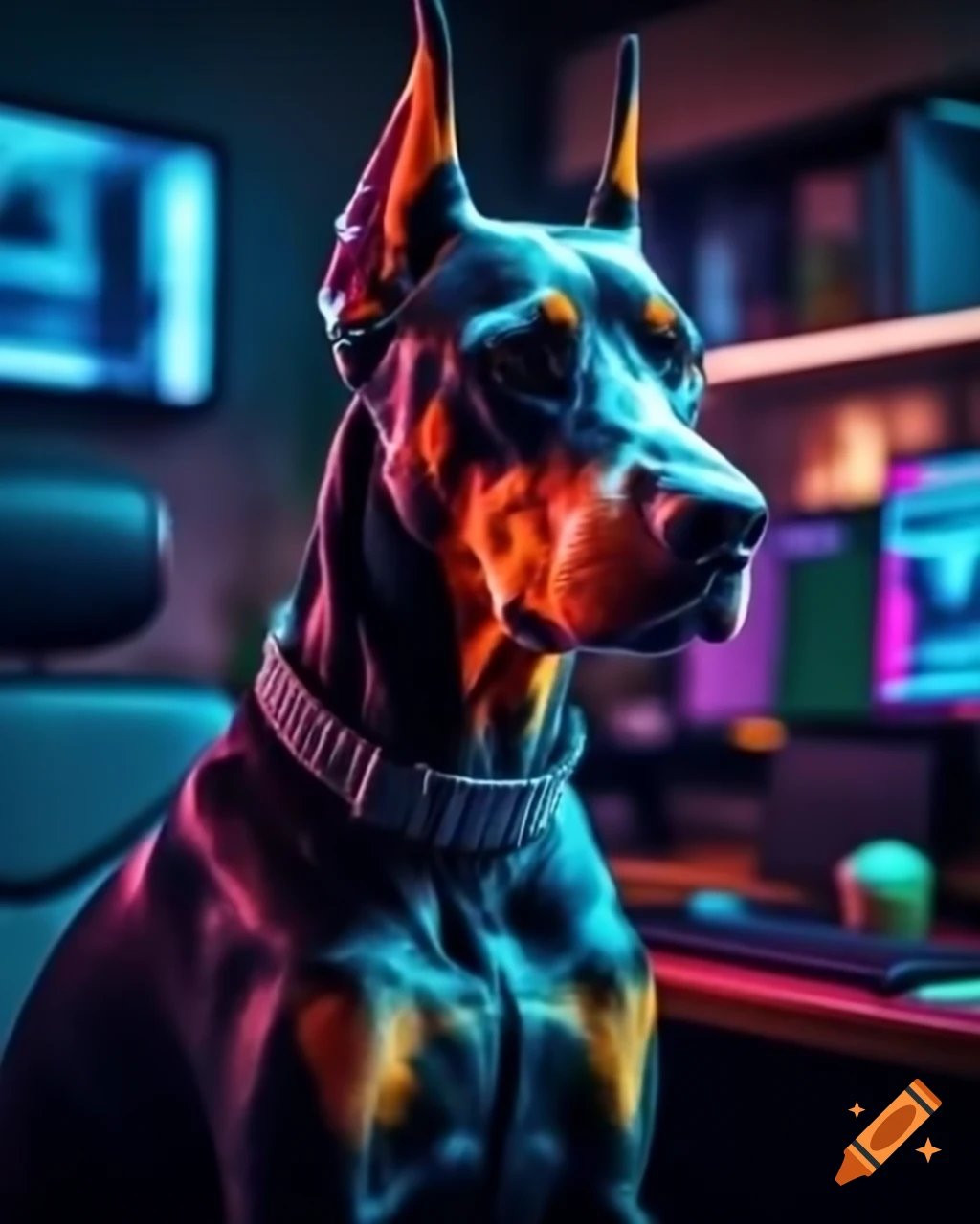 Dobermann pincher in humorous office scenario with shiny neon colors ...