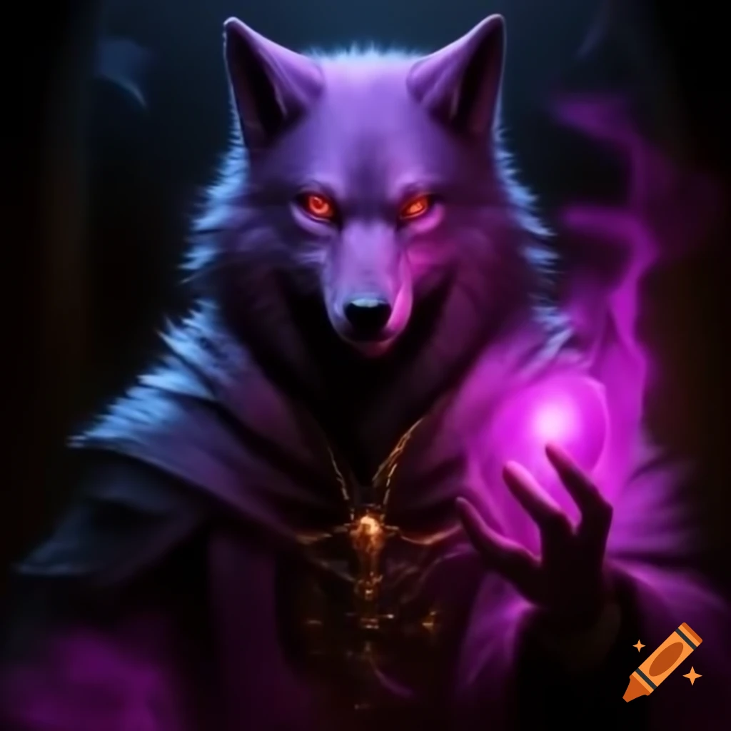 Spectral crimson wolf cloaked in purple holding orb of light on Craiyon
