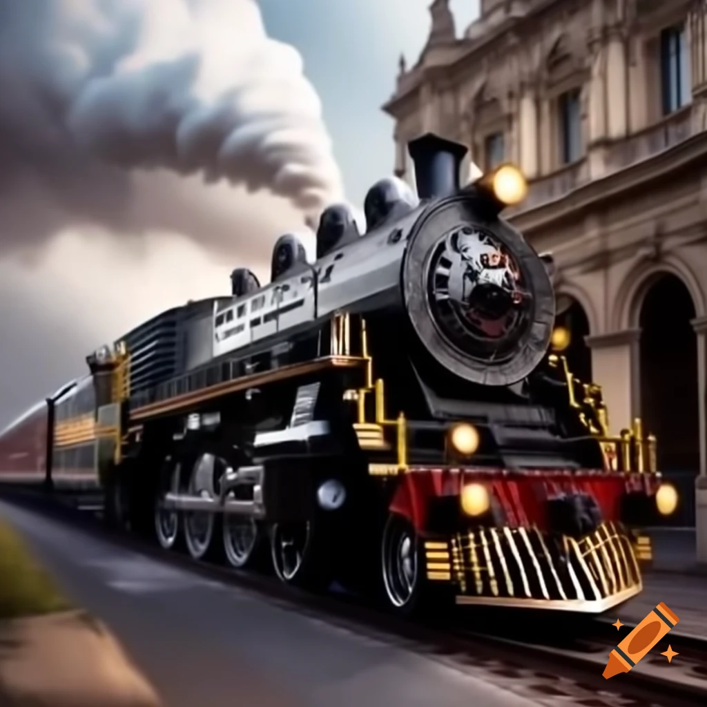 Detailed realistic steam train in front of baroque architecture on Craiyon