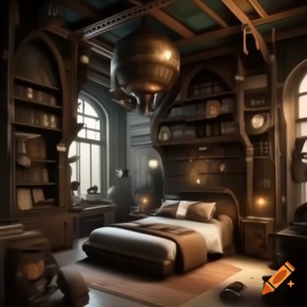 Steampunk-themed bedroom with library features, brass accents, gears ...