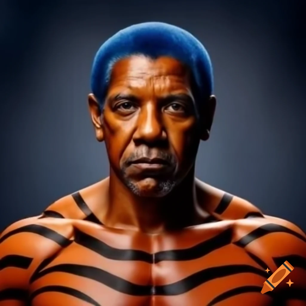 Muscular man with tiger-style makeup, blue hair, and orange skin on Craiyon