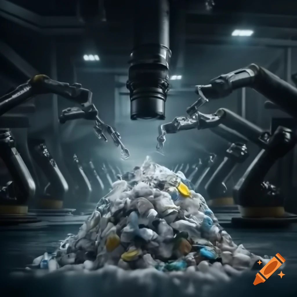 Automated robots processing garbage in a large trash facility on Craiyon