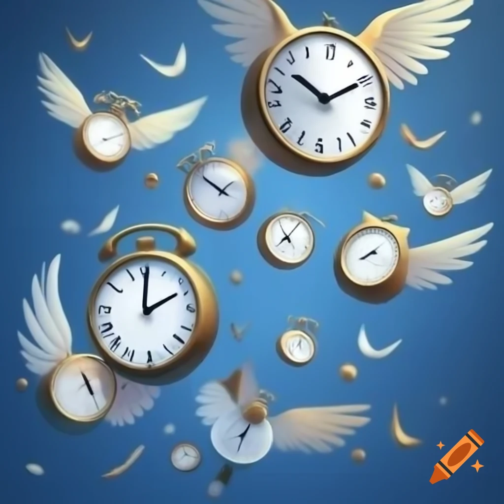Flock of flying clocks with wings in a whimsical style on Craiyon