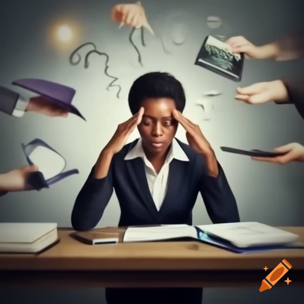 Professional black woman multitasking with multiple tasks and stress on Craiyon