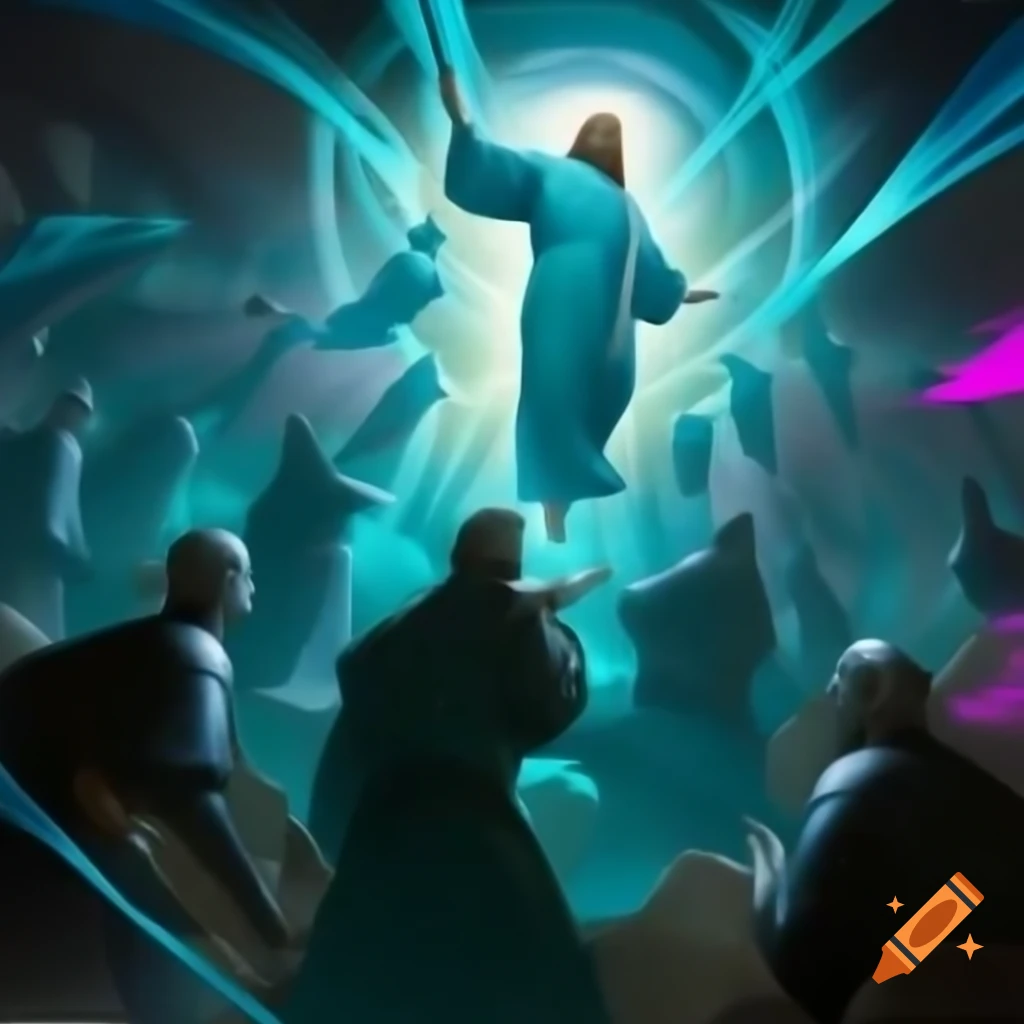 Surreal scene of turquoise warriors in neon vortex, poised for battle ...