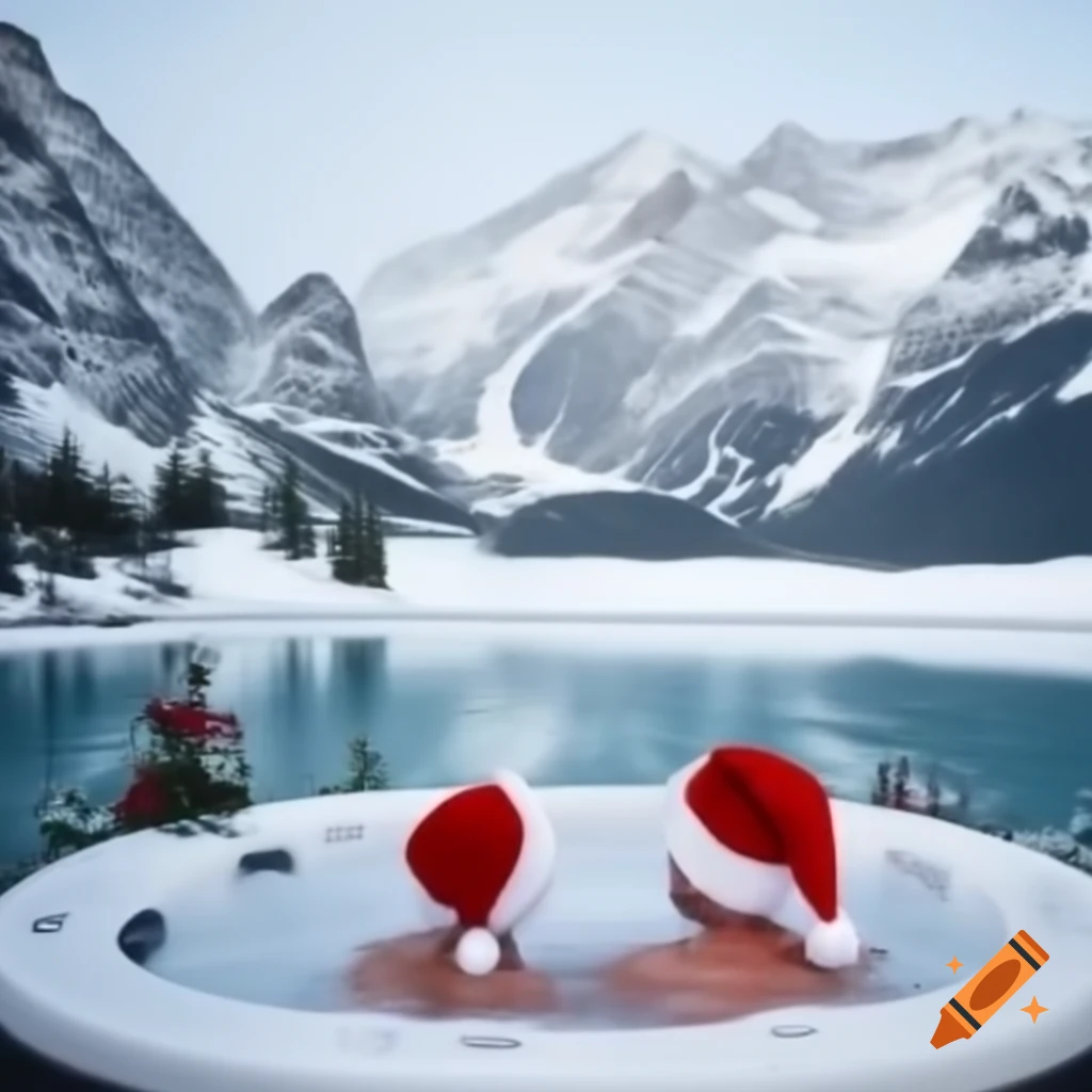 Couple with Santa Claus in jacuzzi against snowy mountain landscape on ...
