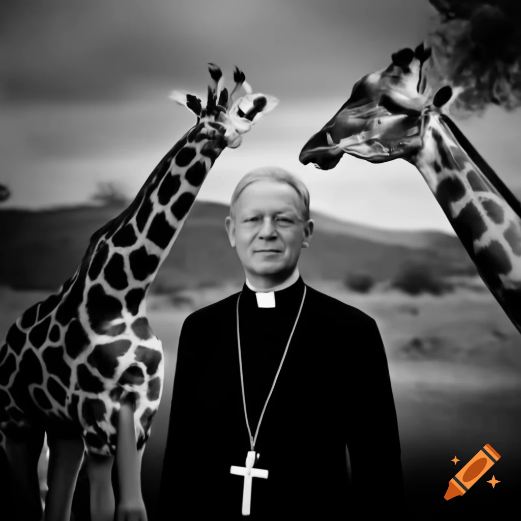 Priest interacting with a giraffe on Craiyon