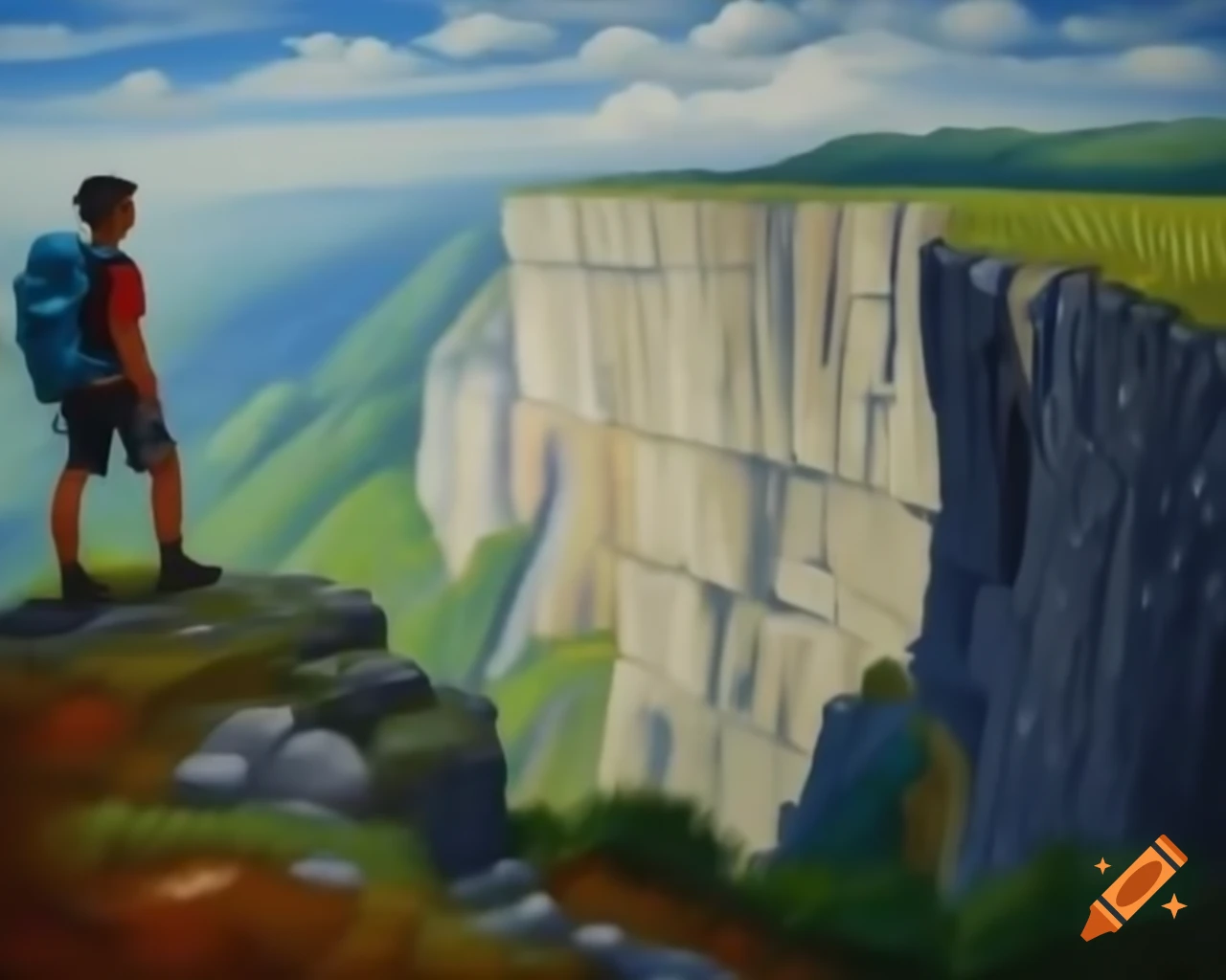 Hiker at the edge of a precipice overlooking vast landscape on Craiyon