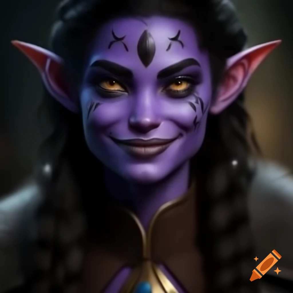Realistic purple-skinned elf in mage outfit with makeup on Craiyon
