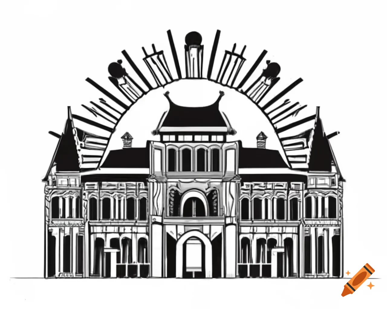 Ornate medieval palace linocut with sun shining, black and white on Craiyon