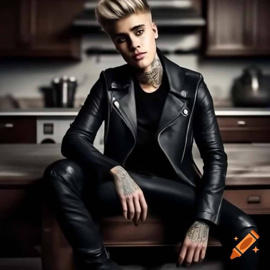 Punk-style portrait of singer justin bieber in leather attire in derelict kitchen on Craiyon