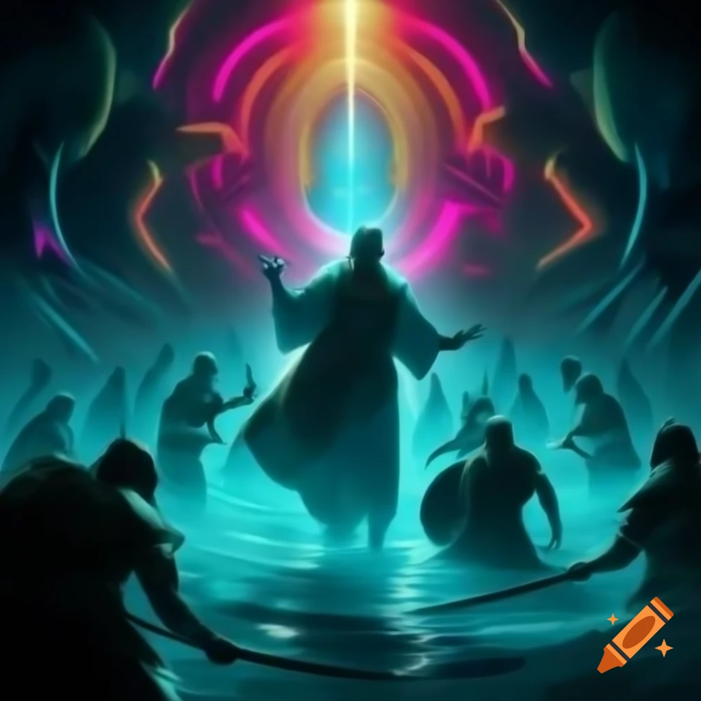 Surreal turquoise warriors poised for battle in vibrant neon vortex on ...
